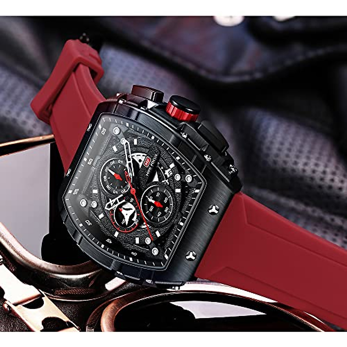 AIMES Watches for Men Fashion Hollow Tonneau Large Face Watches for Men Rectangle Luxury Work Big Dial Mens Watches Cool Analog Quartz Luminous Waterproof Wrist Watch Red Silicon Strap Dress Watch
