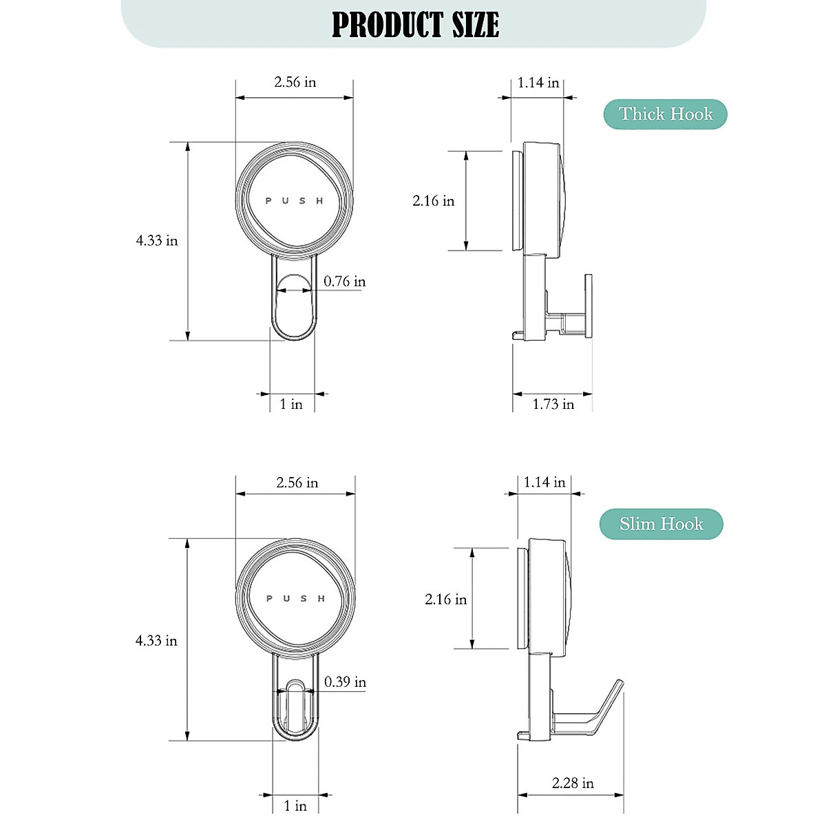 2PCS Suction Cup Hooks for Shower Hooks for Inside Shower, Removable Wall Hooks for Hanging Shower Suction Cup Hooks for Loofah, Robe, Towels, Glass Window, Shower Wall, Bathroom, Kitchen (Slim Hook)