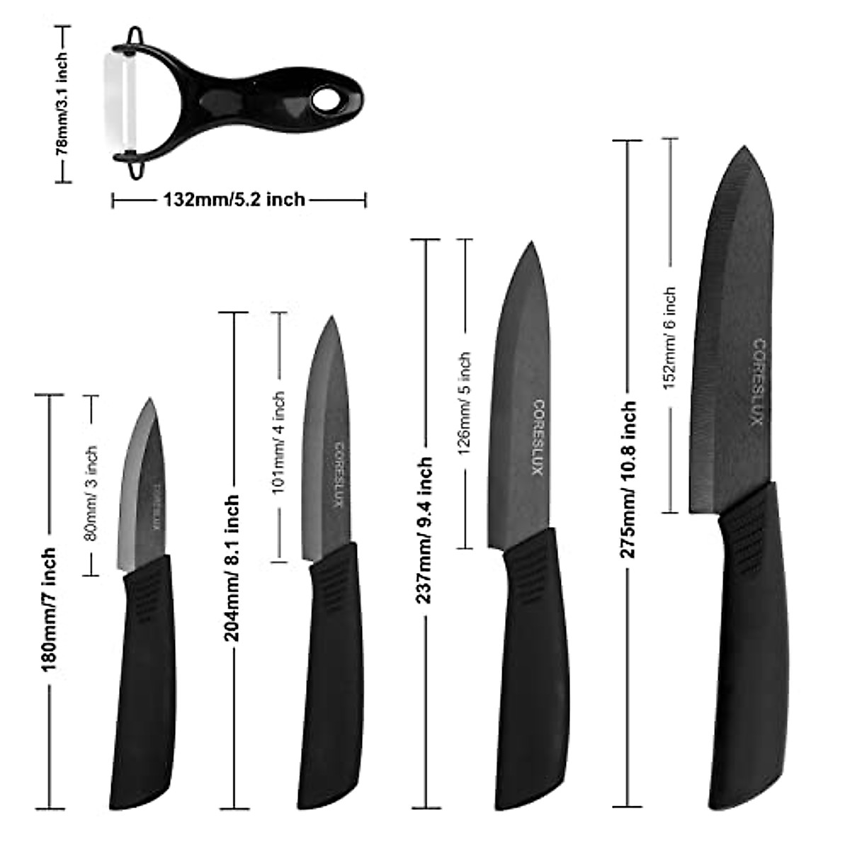 CORESLUX Ceramic knife, 6 Piece Ceramic Kitchen Knife Set, Ceramic Knives Set for Kitchen 6" Chef Knife 5" Utility Knife 4" Fruit Knife 3" Paring Knife 1'' Vegetable Fruit Peeler(Black)