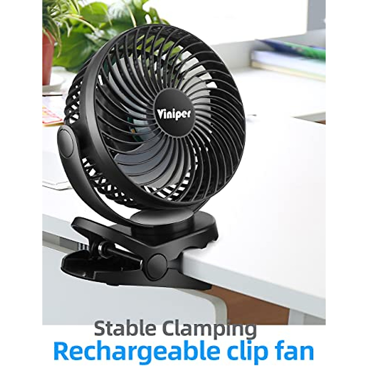 Viniper 6 inch Rechargeable Clip Fan with LED Light, 10000mah Battery Camping Hanging Fan : 360° Rotation, 3 Speeds, Also Use As Power Bank, Tent Personal Fan with Hanging Hook - Black