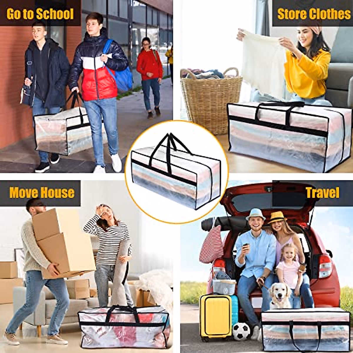 Fixwal Heavy Duty Extra Large Clear Moving Bags 4 Pack Oversized Storage Bags Totes with Backpack Straps Strong Handles, Zippers Packing Moving Supplies for College Dorm Essentials, Space Saving