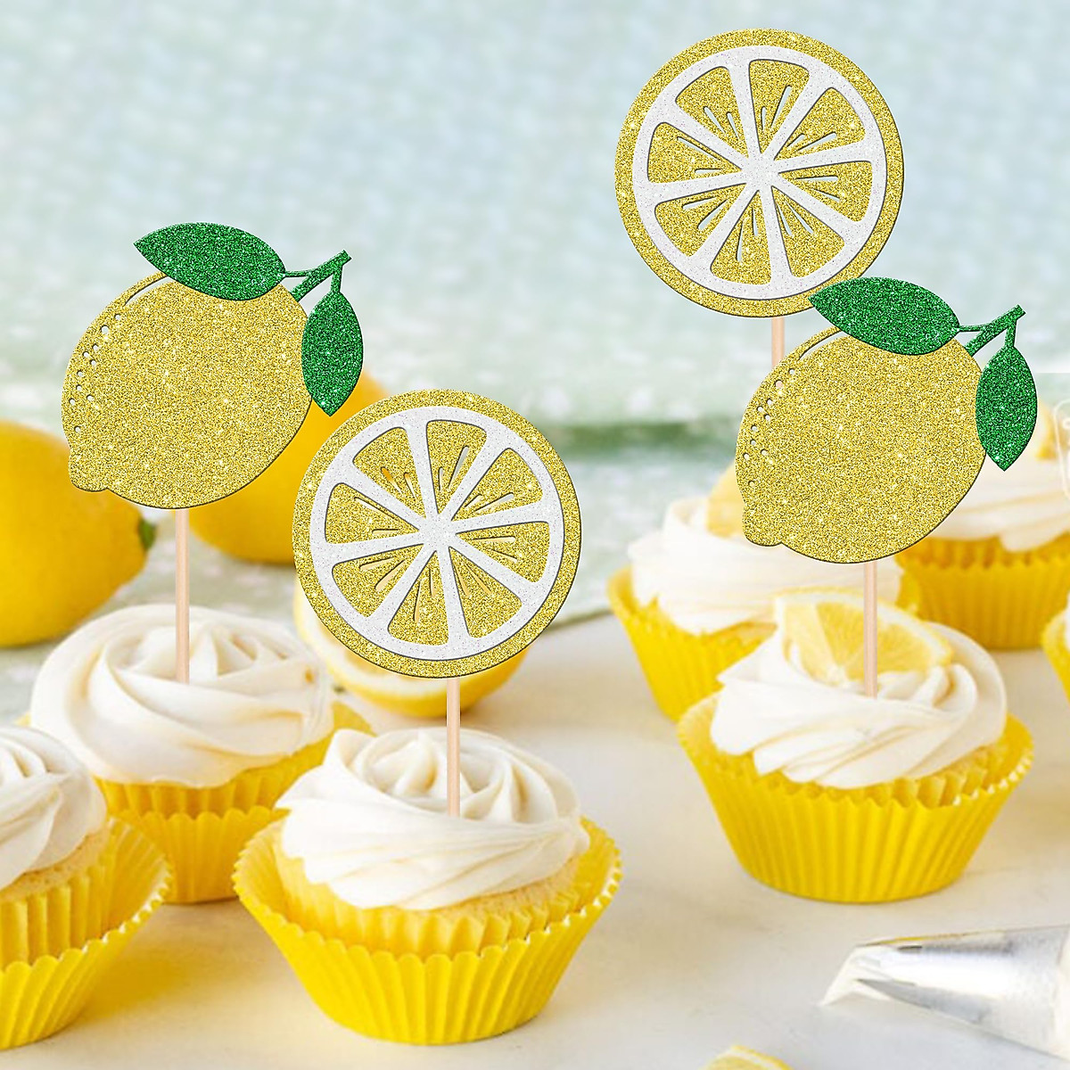 24 PCS Lemon Cupcake Toppers Glitter Fruit Theme Lemonade Party Cupcake Picks for Lemon Theme Baby Shower Wedding Engagement Bridal Shower Birthday Main Squeeze Party Cake Decorations Supplies