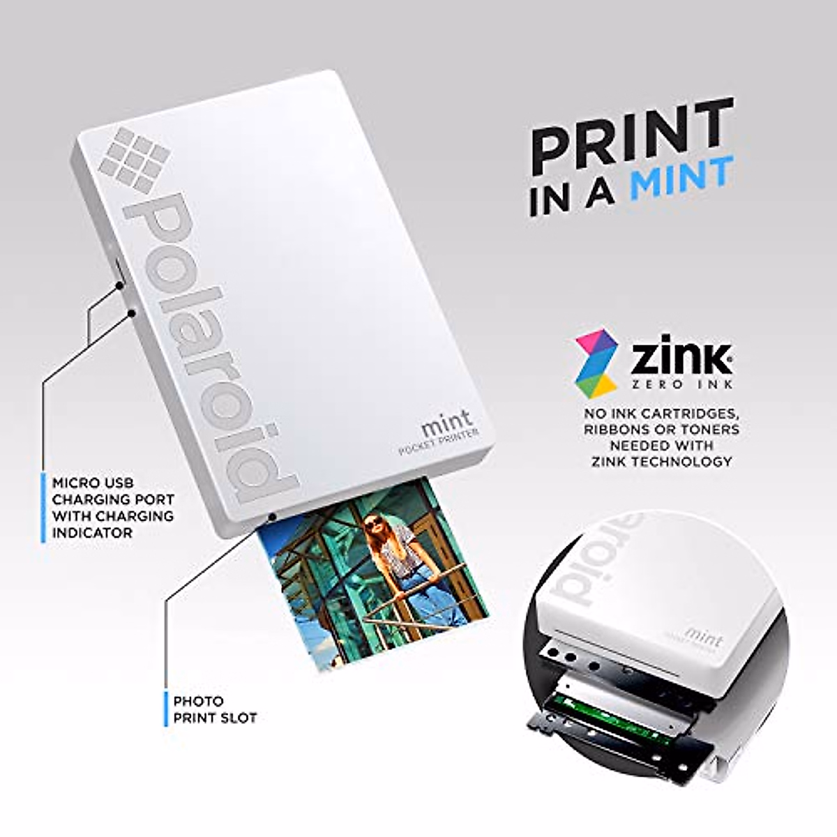 Zink Polaroid Mint Pocket Printer W/ Zink Zero Ink Technology & Built-In Bluetooth for Android & iOS Devices - White