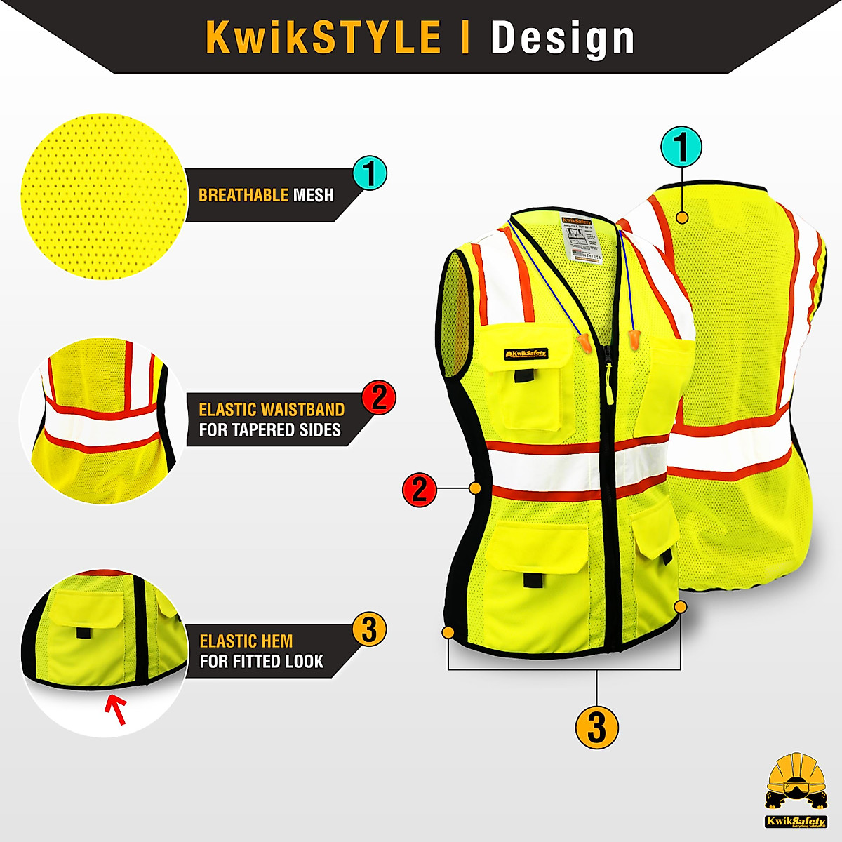 KwikSafety FIRST LADY Safety Vest for Women [SNUG-FIT] 9 Pockets, Class 2 Custom High Visibility Reflective ANSI OSHA Fitted Construction Work PPE/Yellow Small