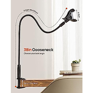 Aomiker Gooseneck Phone Holder for Bed - [2023 Upgrade Nylon Braid] 38” Flexible Lazy Arm Clip, 360 Adjustable Overhead Phone Mount for iPhone 14 13 12 11 Pro Max Mini Plus, all 4-7" Cellphone - Black