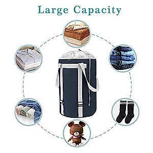 Laundry Basket Laundry Hamper Dirty Clothes Hamper Collapsible Foldable Laundry Bin Bag Backpack with Handles and Lid Large Tall Water-Proof Polyester Sturdy Durable Dark Blue