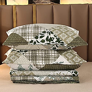 VINILITE Soft Reversible Quilt Set Queen Size, 3 Piece Microfiber Checkered Patchwork Quilted Bedspread Coverlet Bedding Set for All Season with 2 Pillow Shams, Leaf Plant Pattern Stitching, Green