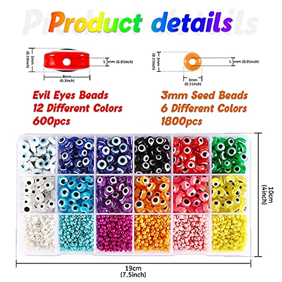 PHUNTTEK 2400pcs Seed Beads and Evil Eye Beads Halloween Beads for Jewelry Making, 3mm Glass Seed Beads 8mm Flat Evil Eye Colorful Bracelet Beads Kit for Bracelets Making DIY Gift Beading Supplies