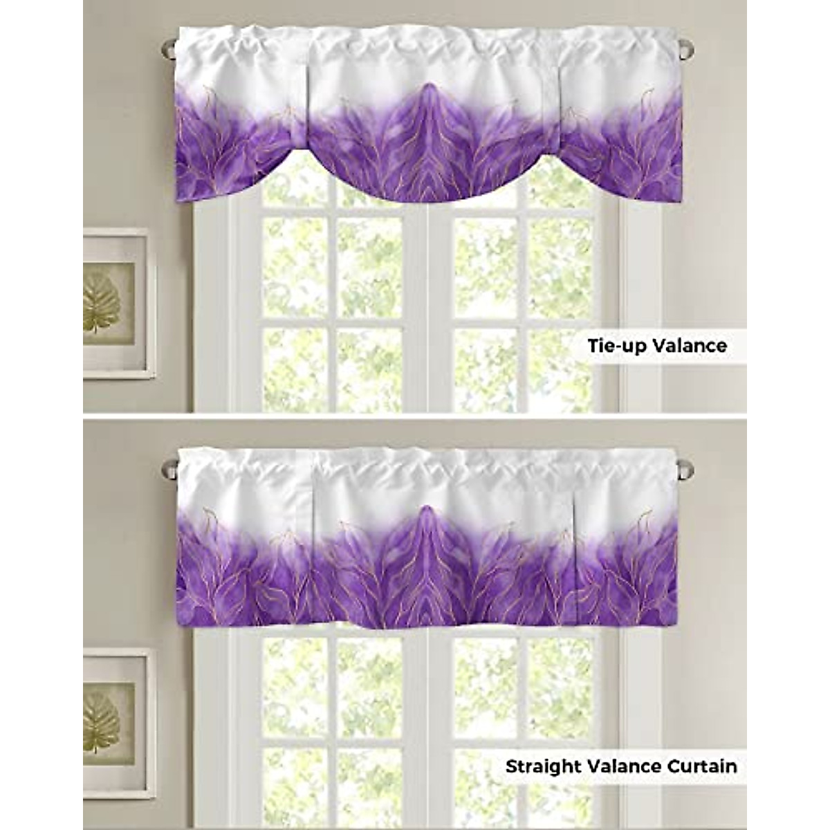 Tie Up Curtain Valance for Kitchen,Purple Gradient Abstract Leaf Gold Edge White Back Window Valances Adjustable Tie-up Shade Valance,Ombre Geometric Art Rod Pocket Short Curtains Bathroom 42x12in