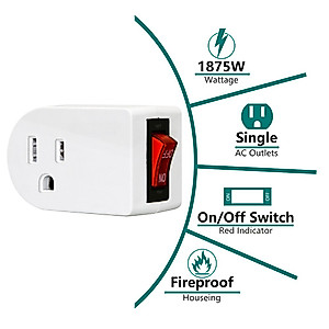 ANKO Grounded Outlet Adapter, ETL Listed Wall Tap Adapter with Red Indicator On/Off Power Switch (4 Pack)