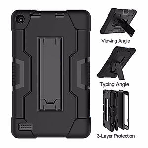 For All-New Fire 7 2019/2017 (9th Gen, 7th Gen) Case,Cherrry Heavy-Duty Rugged Kickstand Series - Shockproof Hybrid Three Layer Armor Kids Case Cover For Amazon All-New Fire 7 2019 (Black/Black)