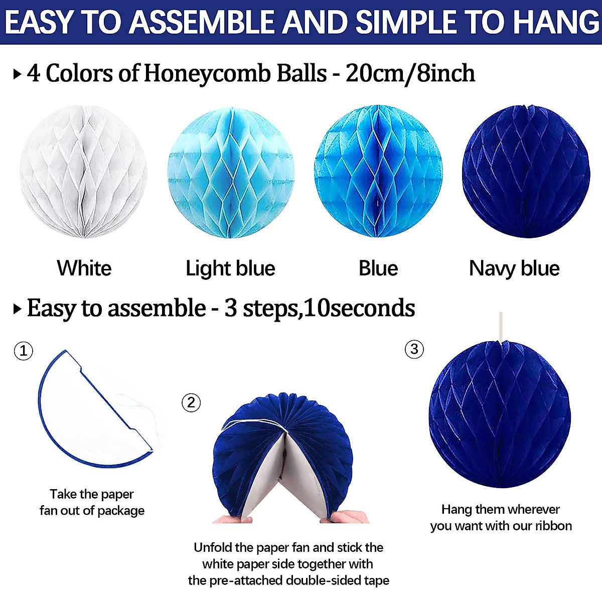 23Pcs Paper Fan Party Decoration, Navy Blue Hanging Paper Fans, Pom Poms Flowers, Garland String Polka Dot and Triangle Bunting Flag Packs for Boy Birthday, Bridal Shower, Baby Showers, Wedding