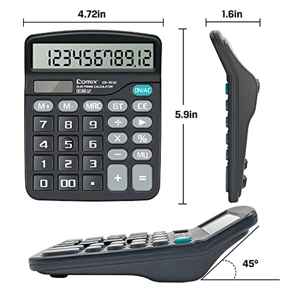 Comix Desktop Calculator 12 Digit with Large LCD Display and Big Button, 12 Digits Baisc Calculator, Solar Battery Dual Powered, for Office Home School C-1832 (Black)
