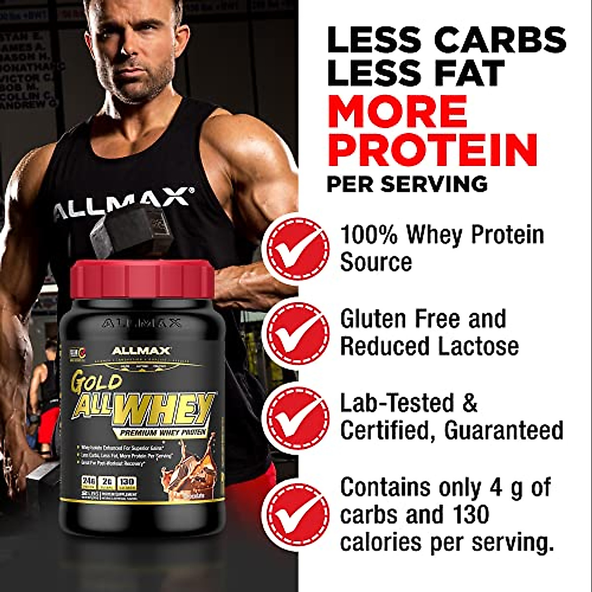 ALLMAX Nutrition - Gold ALLWHEY Protein Powder, Whey Protein Blend for Strength and Muscle Gains, Post Workout Recovery, Gluten Free, 24 Grams of Protein, Chocolate, 5 Pound