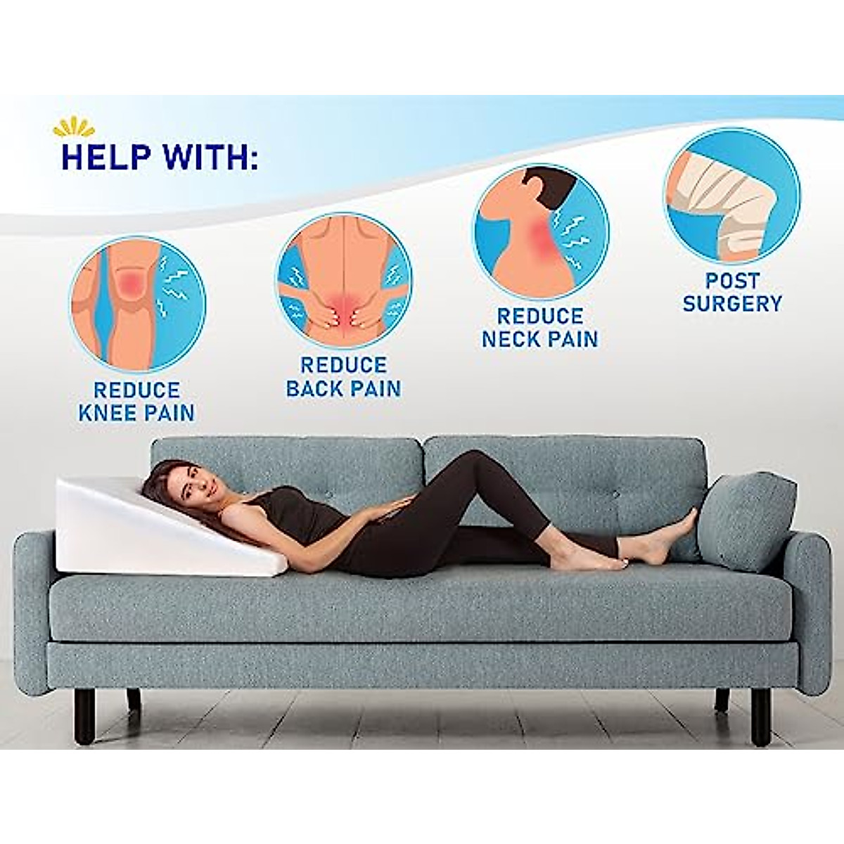 Bed Wedge Pillow Cooling Memory Foam Top – 10" 24" 24" Elevated Support Cushion, Triangle Wedge Pillow for Sleeping, Lower Back Pain, Acid Reflux, Heartburn, Allergies, Snoring – Removable Cover