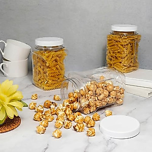 Plastic Jars (32 Fl Ounce - 6 Pack) Square Grip Handle | Clear PET Empty Jar Container Sets with Ribbed White Airtight Lid | Food Storage, Supplies, Snacks, Detergent, Kitchen & Household Storage