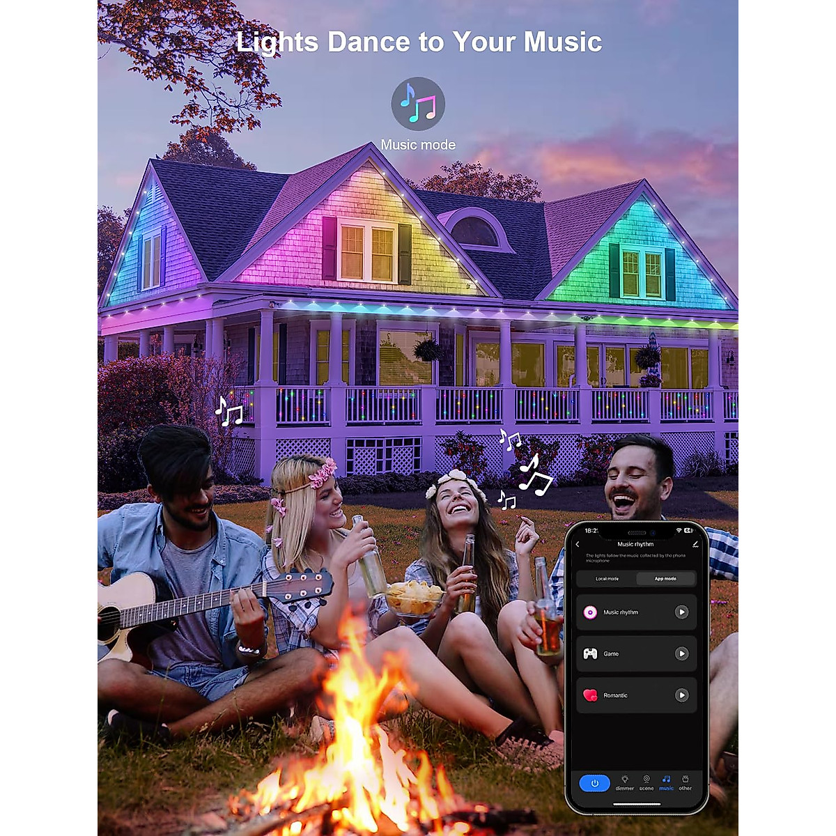 APPECK Permanent Outdoor Lights 100ft, Smart RGB Outdoor Lights with 72 LEDs, IP65 Waterproof LED Eaves Lights, 54 Scene Modes Lighting for Party, Daily, Halloween, Christmas, Roof, Garden, Patios