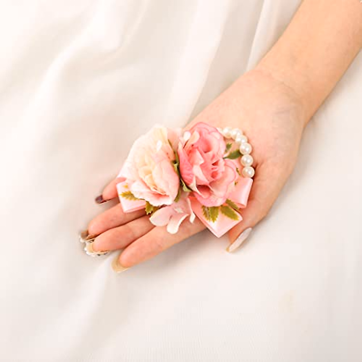 Yean Rose Gold Wedding Wrist Corsage Bridal Hand Flower Pearl Wristlet Band Bracelet Bridesmaid Floral Corsage Accessories for Women and Girls (Pink)