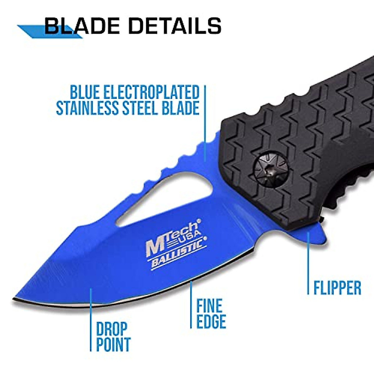 MTech USA – Spring Assisted Folding Knife – Blue Fine Edge Stainless Steel Blade with Black Nylon Fiber Handle, Bottle Opener, Pocket Clip, Tactical, EDC, Self Defense- MT-A882BL