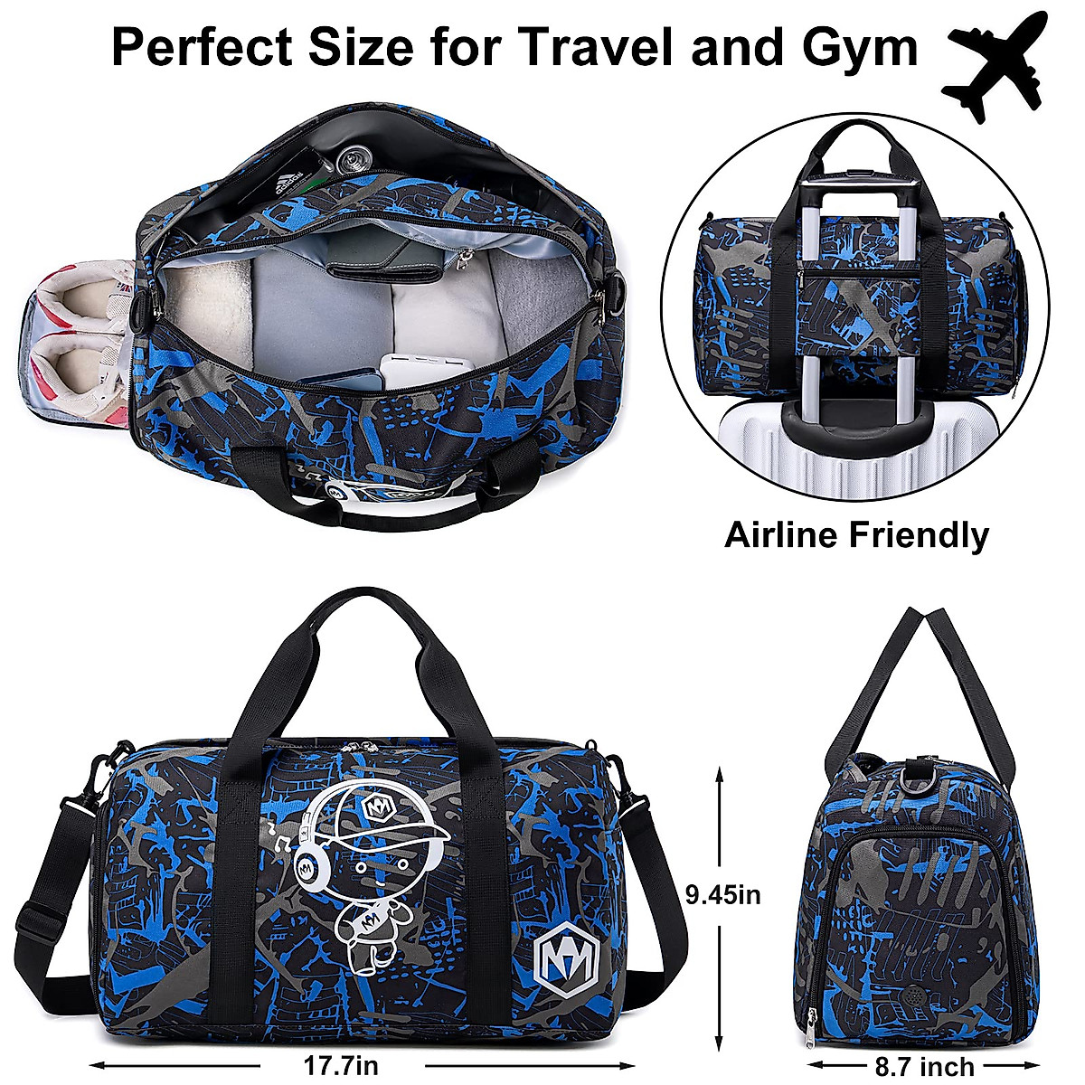 Kids Overnight Duffle Luminous Sport Gym Gag with Shoe Compartment & Wet Pocket Small Sleepover bag Carry on Weekender Travel Tote for Kids Boys Girls