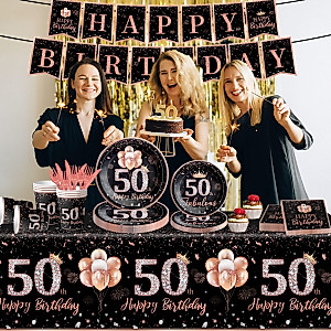 142Pcs 50th Birthday Tableware Decorations for Women Rose Gold Happy 50 Birthday Themed Tableware Set Disposable Tablecloth,Plates,Napkins,Cups,Forks and Knives of 50 Years Old Birthday Party