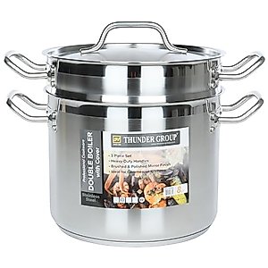 Thunder Group SLDB4008 3-Piece 8 Qt Double Boiler Set with Encapsulated Base for Restaurant Cafeteria | Induction Gas Electric Cooktop Safe | 10"D x 7-5/8"H, 8-7/8"D x 7-1/4, Stainless Steel | NSF
