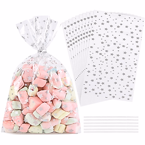 LEOSINDA 100 pcs Clear 6"X 10" Flat Gift Wrap Cellophane Bags Cello Bags Cookie Bags Treat Bags with Twist Ties Poly Bag 1.3 mil for Bakery, Cookie, Candies Silver Star Printed
