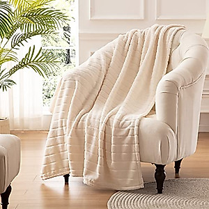 Bertte Plush Throw Blanket Super Soft Fuzzy Warm Blanket | 330 GSM Lightweight Fluffy Cozy Luxury Decorative Stripe Blanket for Bed Couch - 50"x 60", Ivory White