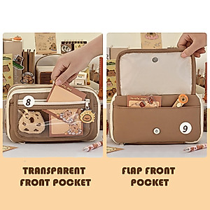 GUANGLU Cute Capybara Pencil Case, Capybara School Supplies, Clear Aesthetic Pencil Pouch with Cute Capybara Pins and Plush, Large Capacity Multi-layers Pen Case