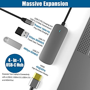 USB C Hub Multiport Adapter, 4-in-1 USB-C Hub with 4K HDMI, 100W Power Delivery, USB-A 2.0, USB-A 3.0 5Gbps Data Ports, Compatible with MacBook Pro/Air, Galaxy Book, Surface Pro, XPS, iPad Pro & More
