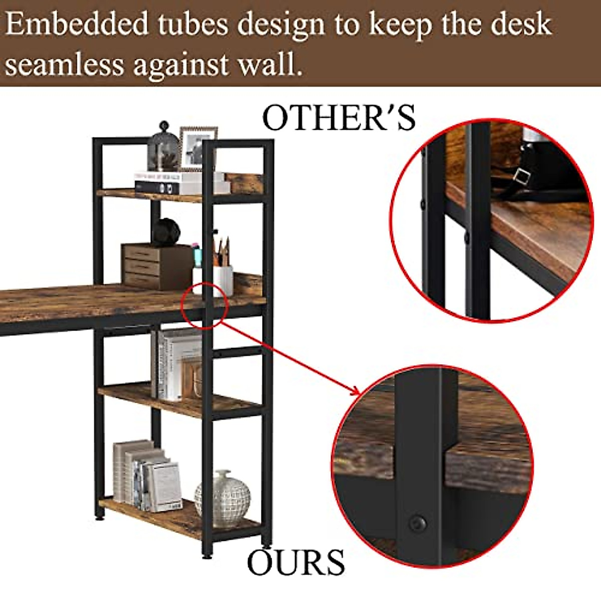 Napnapday 55 inch Computer Desk with Storage Shelves, Home Office Study Writing Table with Bookshelf, Rustic Brown