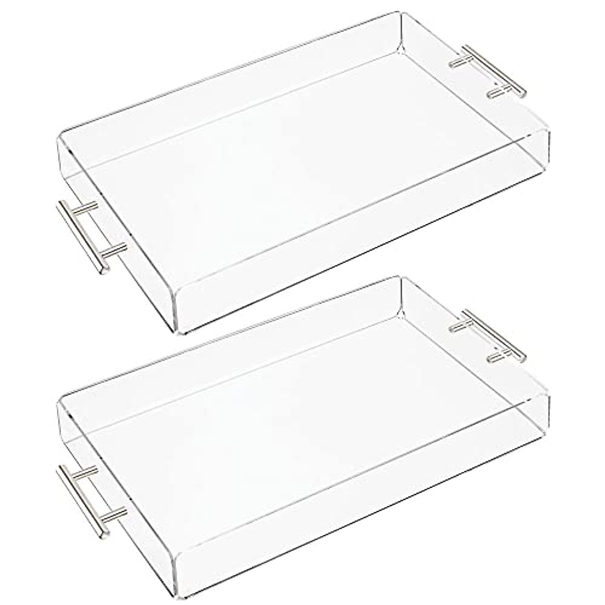 mDesign Modern Acrylic Rectangular Serving Tray with Handles for Food, Tea, Coffee, Breakfast, Snacks, Cheese, Appetizers - Use in Kitchen, Bathroom, Office - Small, 2 Pack - Clear/Stainless Steel