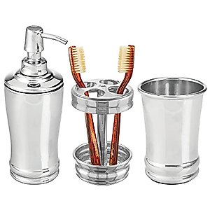 mDesign Metal Bathroom Vanity Countertop Accessory Set - Includes Refillable Soap Dispenser, Divided Toothbrush Stand, Tumbler Rinsing Cup, Vivi Collection, Set of 3, Chrome