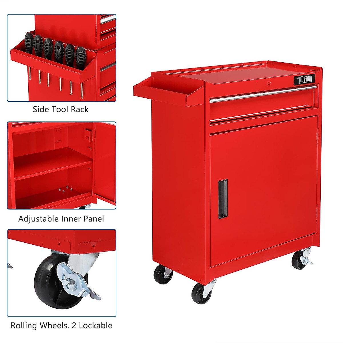 TUFFIOM 5-Drawer Rolling Tool Chest, Tool Storage Cabinet w/Drawers, Wheels, Detachable Top & Adjustable Shelf, Mechanic Tool Organizer Box for Garage, Workshop, Warehouse & Repair Shop, Red