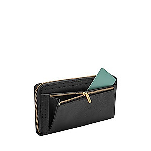 Fossil Women's Maya Leather Small Hobo Handbag, Black with Women's Logan Faux Leather RFID Zip Around Clutch Wallet, Black