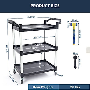 Utility Carts with Wheels, CRAFTFORCE 3-Tier Food Service Cart, Heavy Duty 528lb Capacity Rolling Utility Cart with Lockable Wheels for Office, Kitchen, Garage, Warehouse, 40.5" x 19.5" x 38.5", Black