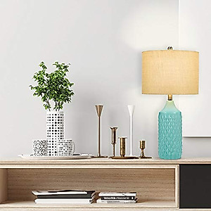 Catalina 19970-000 Cassie Quilted Ceramic Table Lamp with Linen Drum Shade, 26.5", Classic Aqua Blue