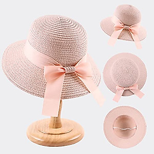 Zsedrut Women,Little Girls Straw Sun Hat Summer Beach Cap Foldable Visor Floppy Hats Wide Brim with Bowknot(Pinkbow,2-4T)