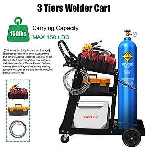Winado Welding Cart 3 Tiers Rolling Welder Plasma Cutter, Heavy Duty Welding Carts with Wheels and Tank Storage for TIG MIG ARC, Black