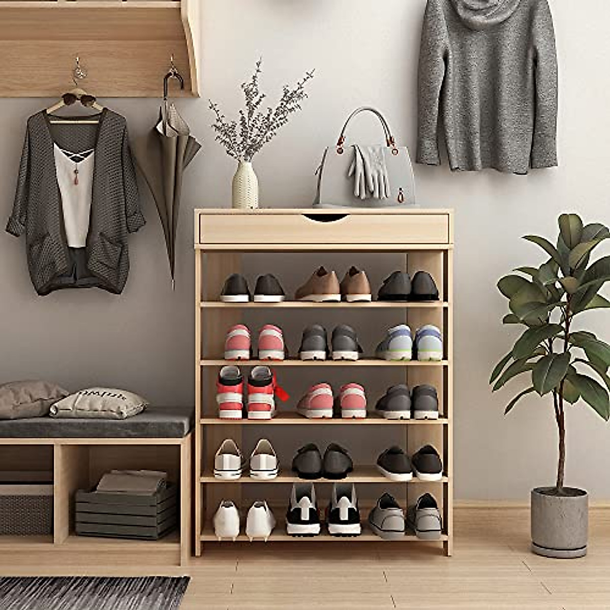 DlandHome Shoe Rack Shoe Storage Cabinet, 5 Tier Shoe Racks, Wooden Shoes Heels Sneakers Storage Cabinet Organizer for Entryway, Hallway, Closet or Living Room,Oak