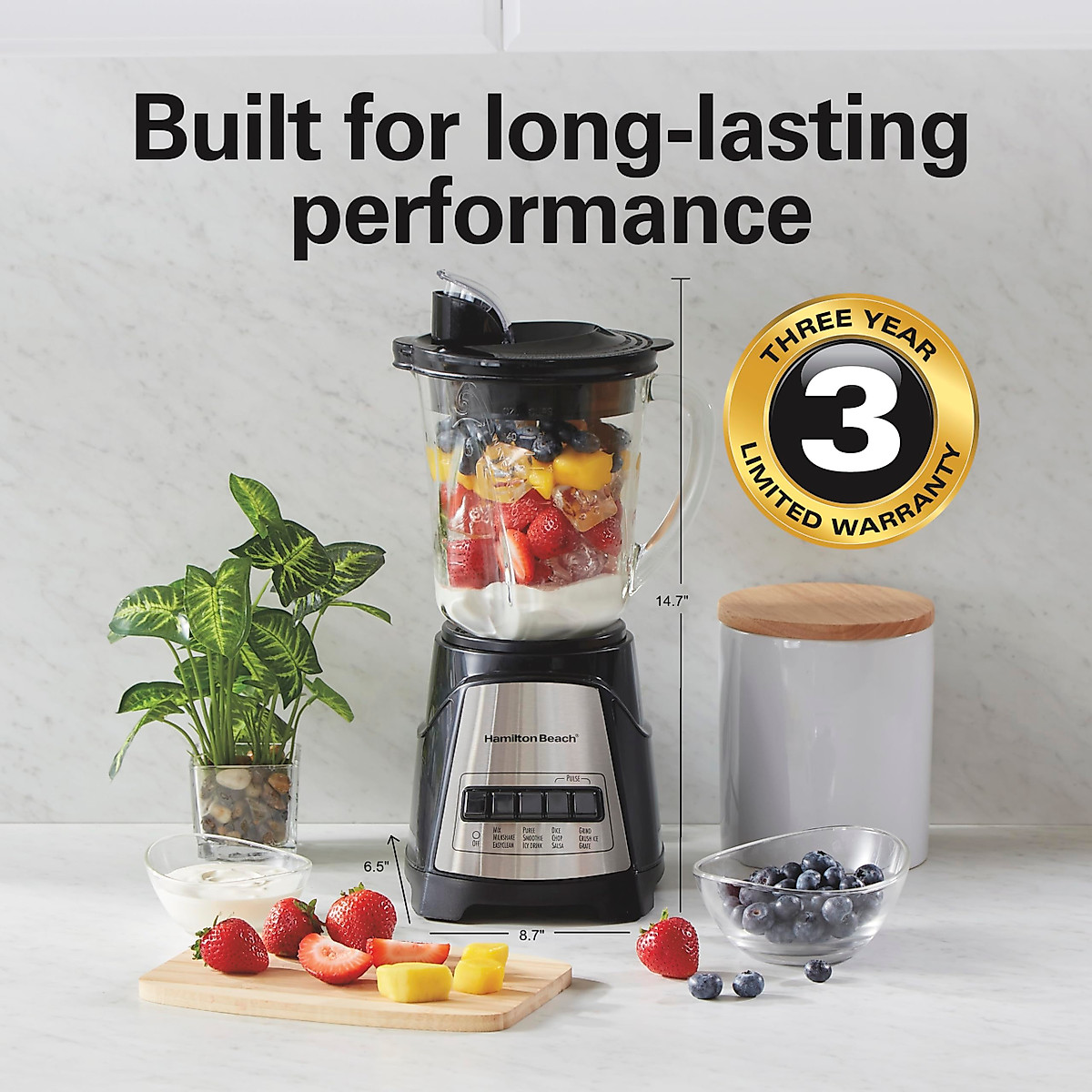 Hamilton Beach Power Elite Wave Action Blender-for Shakes and Smoothies, Puree, Crush Ice, 40 Oz Glass Jar, 12 Functions, Stainless Steel Ice Sabre-Blades, Black (58148A)