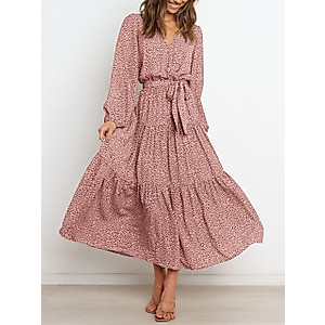 PRETTYGARDEN Women's 2024 Long Sleeve Ruffle Wrap V Neck Floral Maxi Dress Tie Waist Boho Chiffon Casual Flowy Long Dress(Pink,Large)