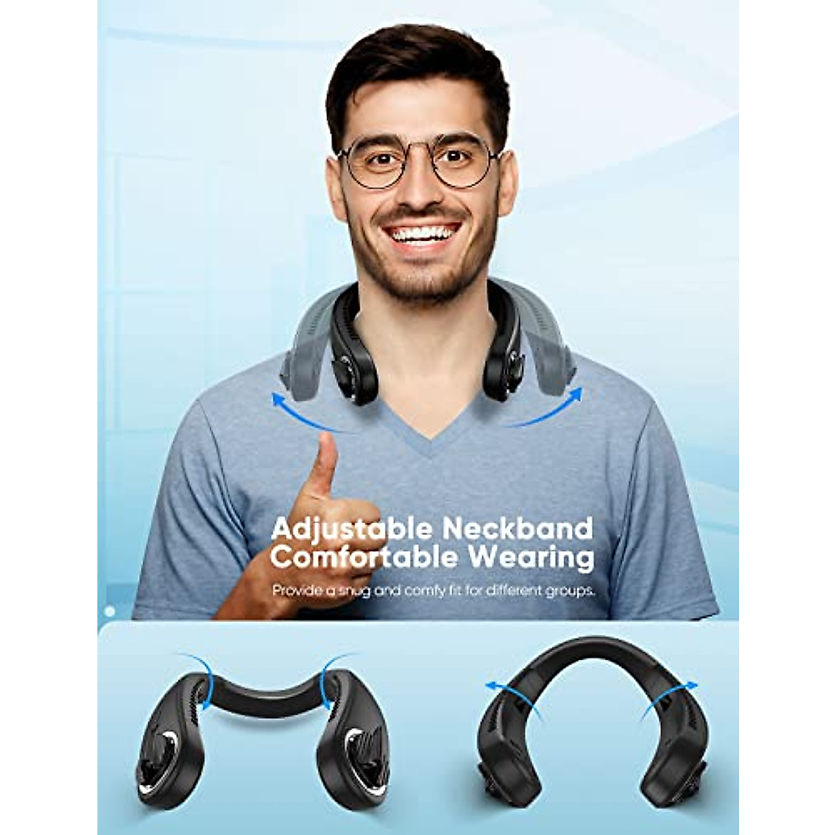 Neck Fan Portable with Reading Light - Cooling Rechargeable Battery Operated Neckband Fan, Ultra Quiet, Hands Free 4 Speeds Bladeless Wearable Fan for Travel, Outdoor