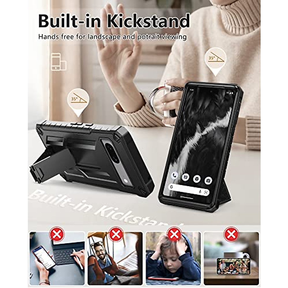FNTCASE for Google Pixel 7 Case: Built-in Screen Protector & Kickstand | Extra Front Frame | Full-Body Dual Layer Rugged Belt-Clip Holster | Military Shockproof Cell Phone Protective Cover 5G - Black