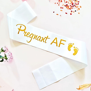 Magnusson's Garden Baby Shower Mom Sash, Pregnant AF Sash for Mommy to Be, Gender Reveal Pregnancy Announcement Decorations, Pink or Blue Boy or Girl Sex Reveal Supplies, Future Mummy Gift, White