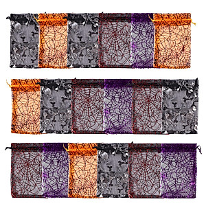 50Pcs Halloween Organza Bags Spider Web Gauze Bags Drawstring Organza Candy Storage Bag Halloween Party Pouch Small Drawstring Organizer 4 x 6 inches (At Least 3 Colors)