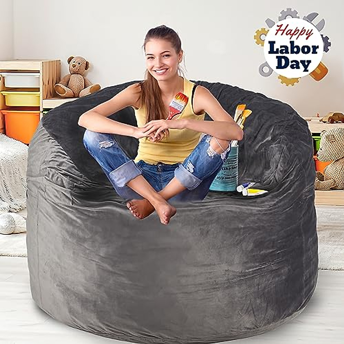 Homguava Bean Bag Chair: 6' Bean Bags with Memory Foam Filled, Large Beanbag Chairs Soft Sofa with Dutch Velet Cover (Grey, 6FT)
