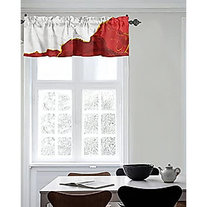Curtain Valance for Windows Red White Gradient Marble Gold Edge Kitchen Valances Rod Pocket Short Curtains,Simple Abstract Art Window Treatment Panel for Living Room Bathroom Bedroom 60x18in