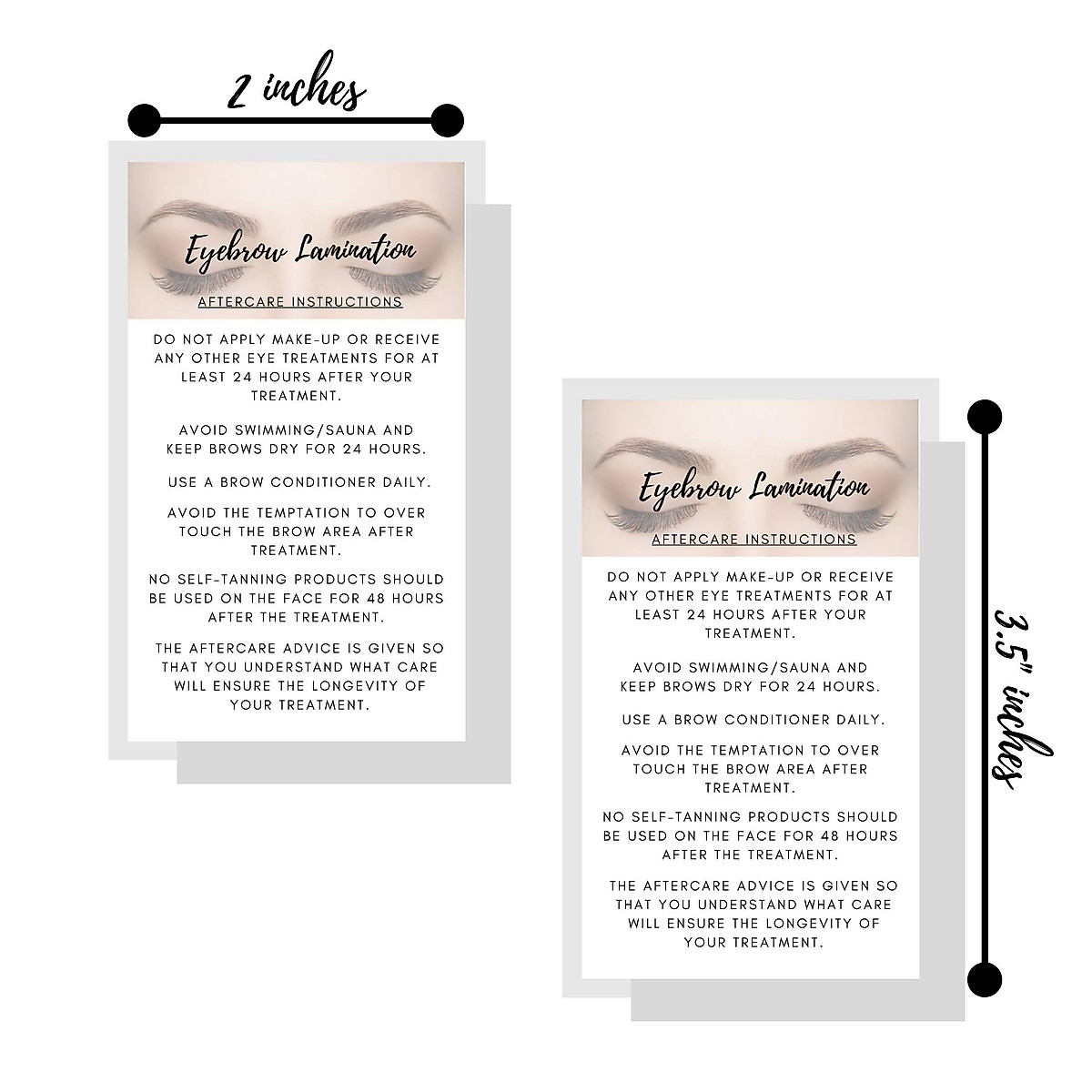 Eyebrow Lamination Aftercare Instruction Cards | Physical Printed 2 x 3.5” inches Business Card Size | White with Brow Photo Design | Starter Lift Kit with Tint at home diy aftercare supplies