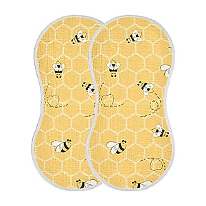 YYZZH Cute Bee On Honey Yellow Honeycomb Muslin Burp Cloths for Baby 2 Pack 100% Cotton Baby Washcloths Bibs for Boy Girl